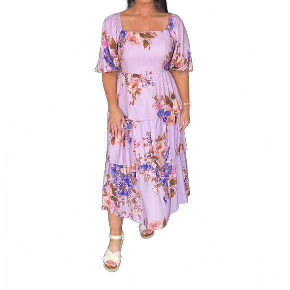 Oddi | Dresses | New Oddi Floral Square Neck Midi Dress In Lavender ...